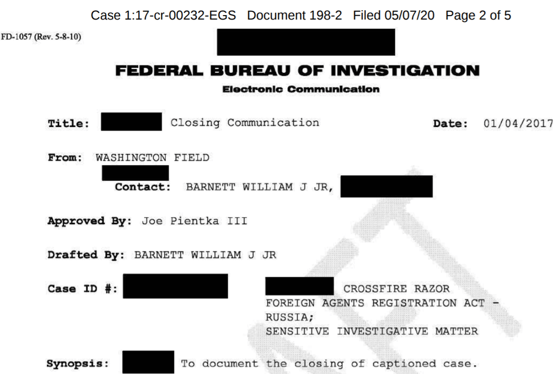 January 4, 2017 - FBI agent Joseph Pientka approves FBI report to close ...